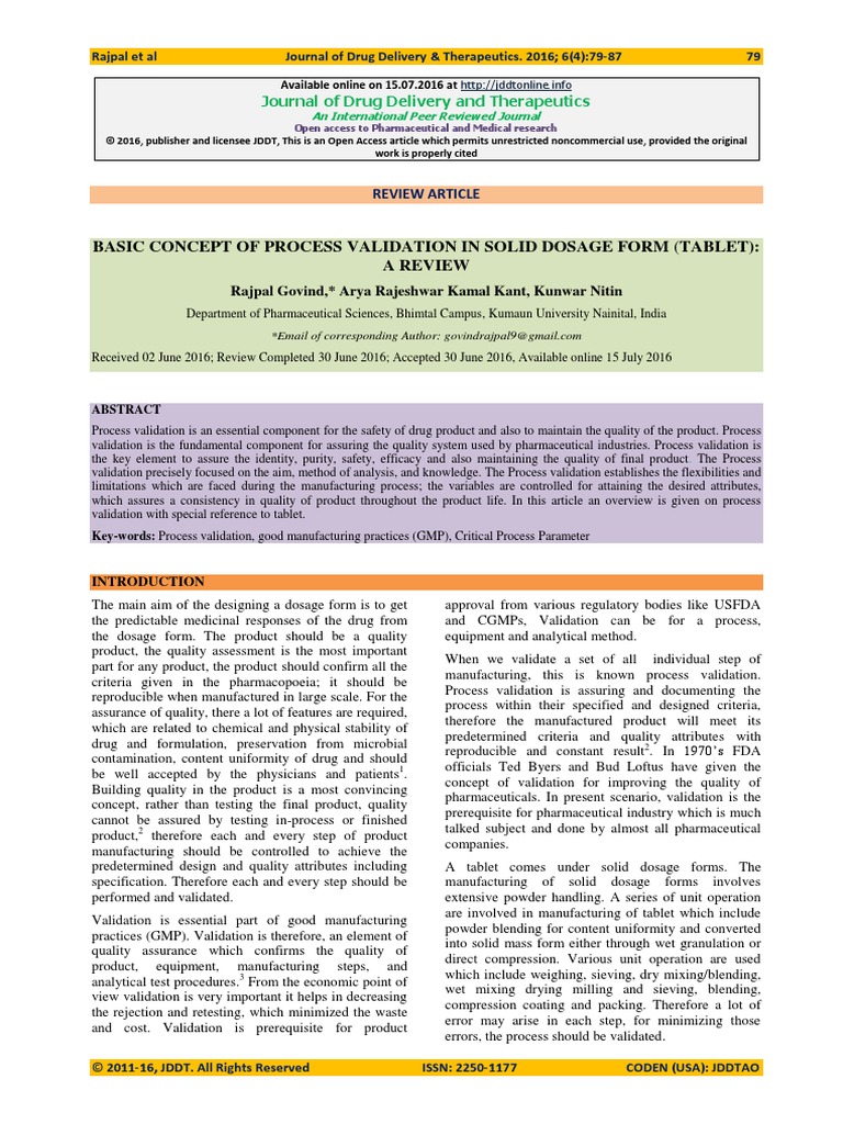 Basic Concept of Process Validation in Solid Dosage Form (Tablet) | PDF ...