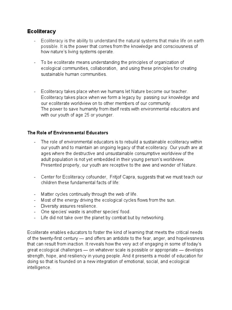 Ecoliteracy: Ecoliteracy Is The Ability To Understand The Natural ...