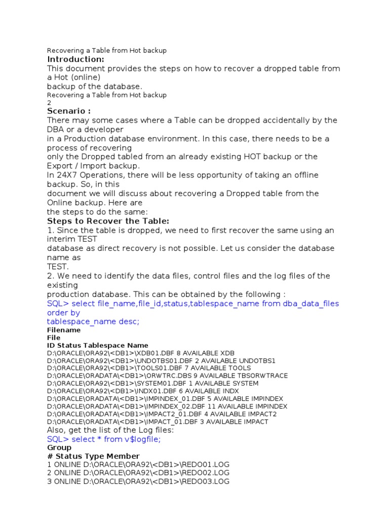 Recovering A Table From Hot Backup Pdf Oracle Database Backup