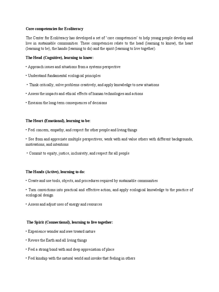 Core Competencies For Ecoliteracy & Sustainability | PDF ...