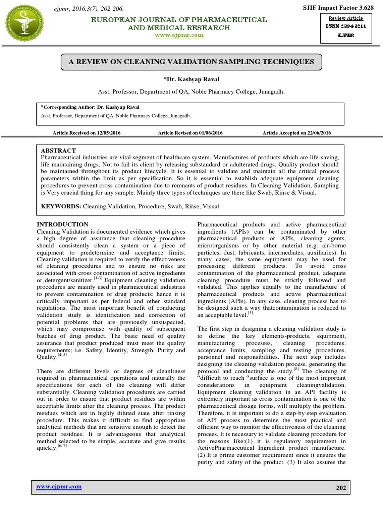 A Review On Cleaning Validation Sampling Techniques | PDF ...