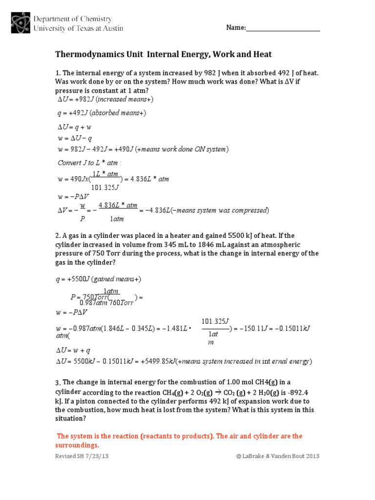 Internal Energy Work Heat WKST KEY | PDF | Gases | Heat