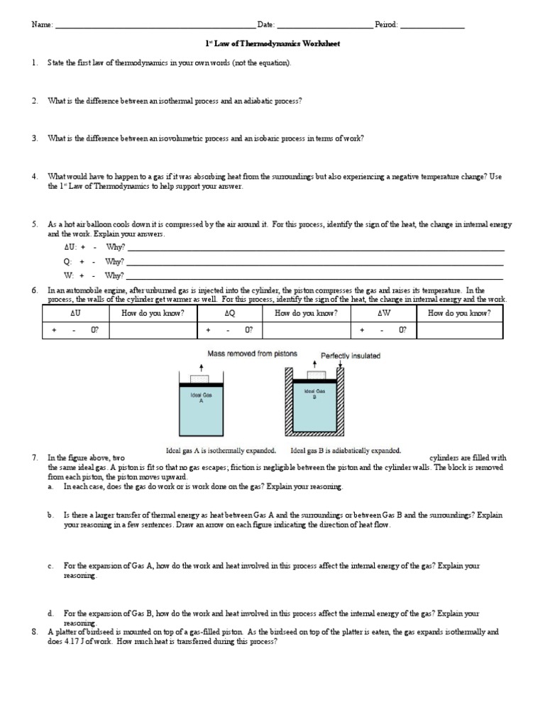 First Law of Thermodynamics Worksheet | PDF | Heat | Mathematical Physics