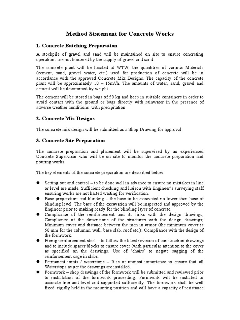 The Method Statement For Concrete Works | PDF | Concrete | Scaffolding