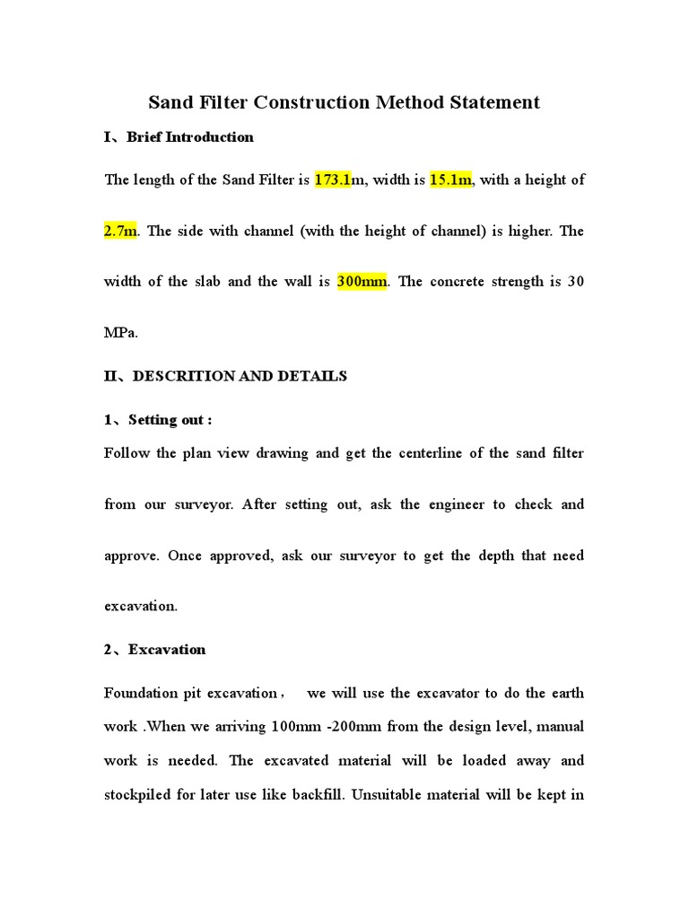 The Method Statement of The Sand Filter | PDF | Concrete | Pump