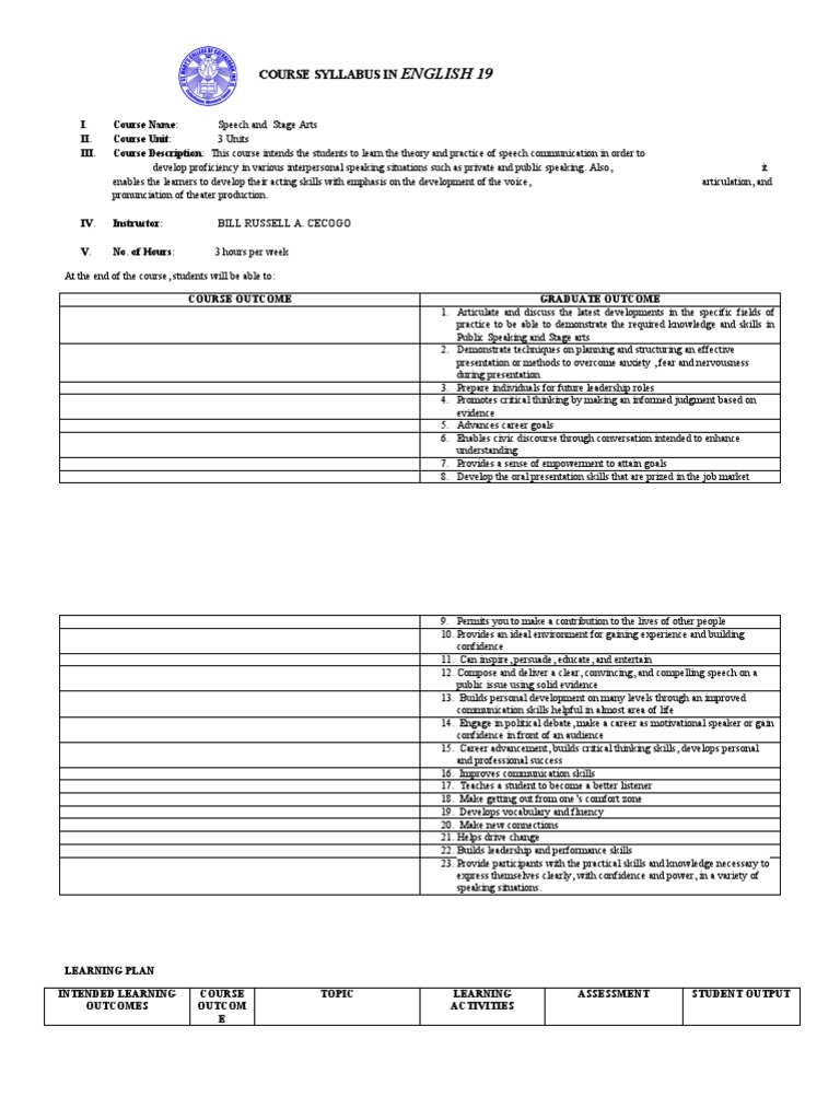 Speech and Stage Arts Course Syllabus | PDF | Nonverbal Communication ...