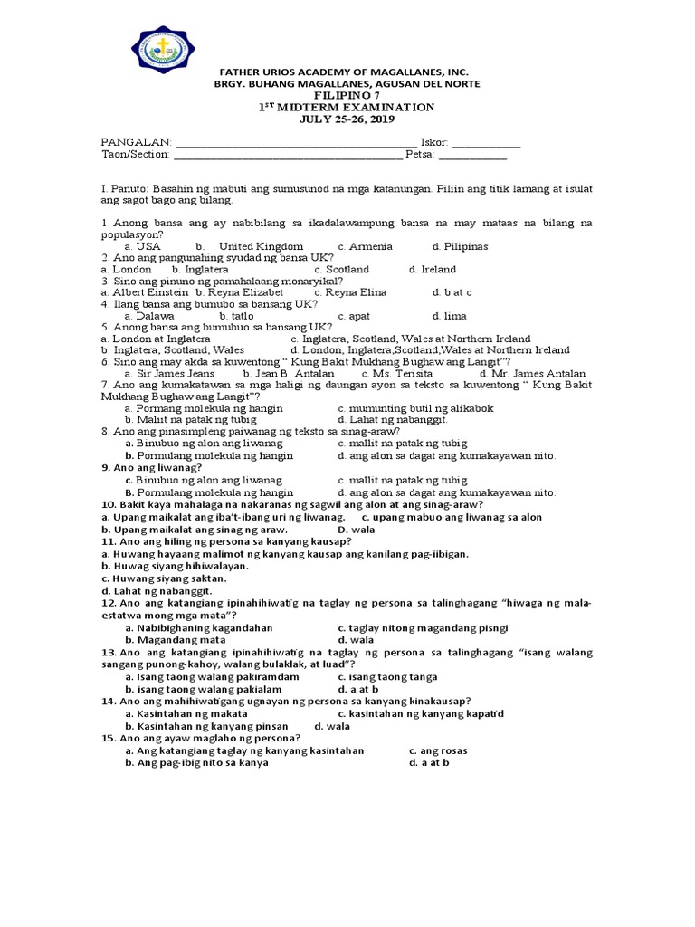 1st Midterm Fil 10 | PDF
