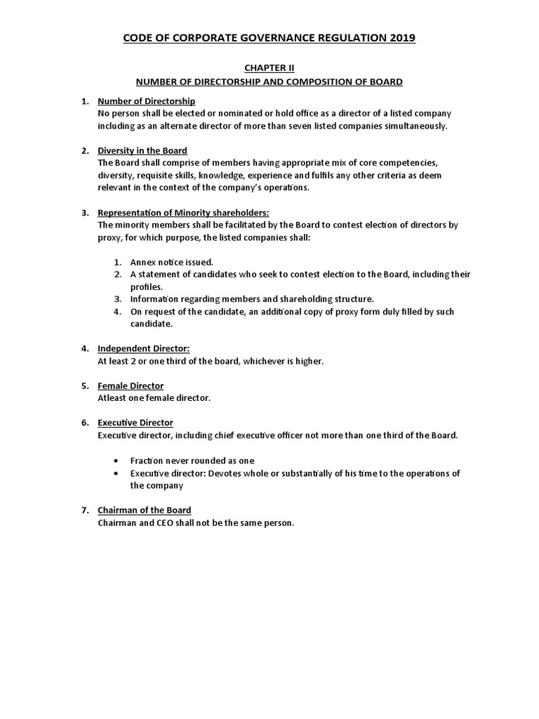 Code of Corporate Governance Regulation | PDF | Board Of Directors ...