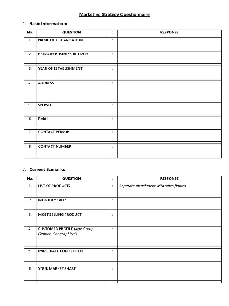Questionnaire For Marketing Strategy | PDF | Pricing | Sales