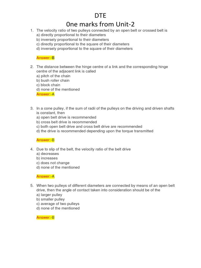 DTE Unit 2 MCQs (Belt, Chain and Rope Drives) | PDF | Belt (Mechanical) | Mechanical Engineering