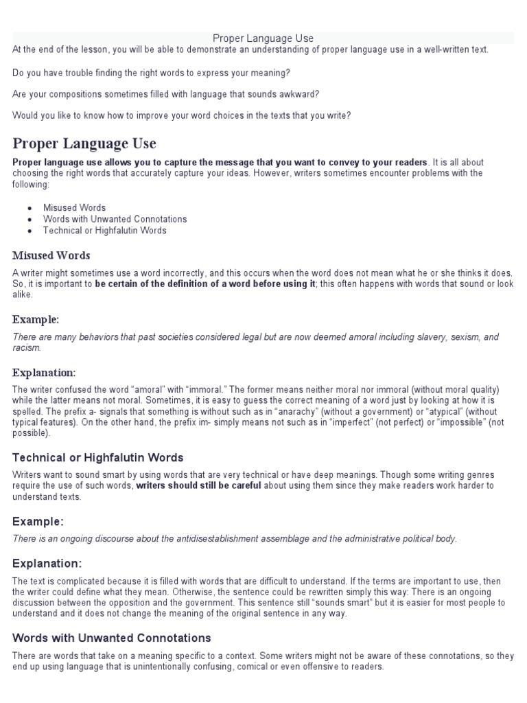 Proper Language Use | PDF | Writers | Word