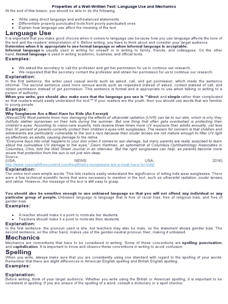 Properties of A Well Written TexT Language Use and Mechanics | PDF ...