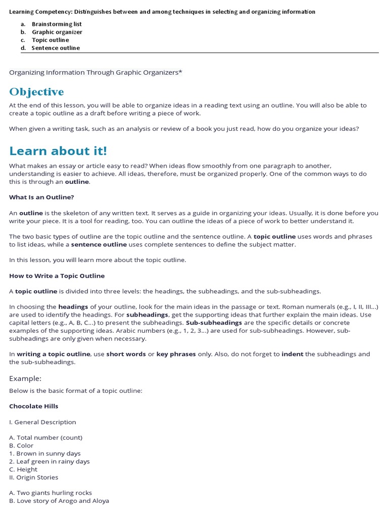 Objective: Organizing Information Through Graphic Organizers | PDF ...
