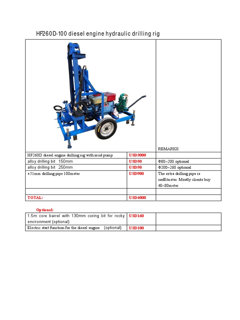 HF260D-100 Diesel Engine Hydraulic Drilling Rig | PDF