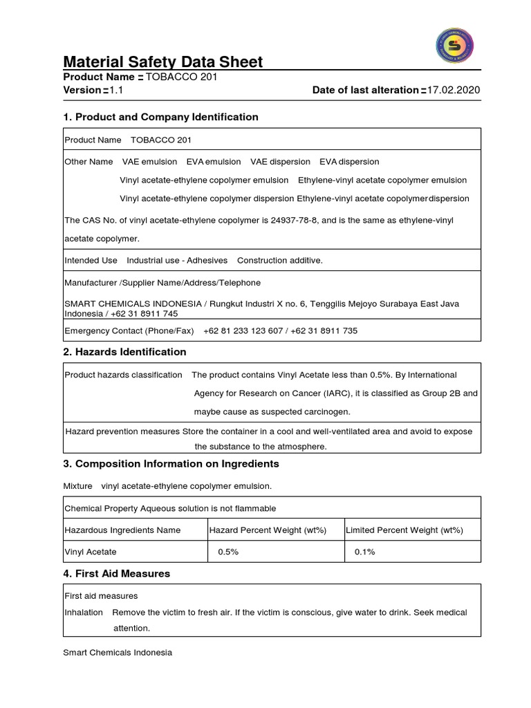 MSDS TOBACCO 201 Glue | PDF | Toxicity | Personal Protective Equipment