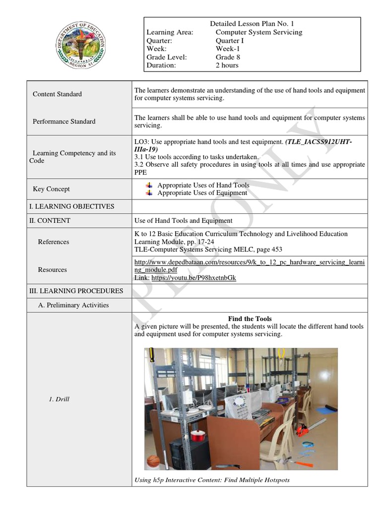 Lesson Exemplar G8 TLE | PDF | Tools | Screw