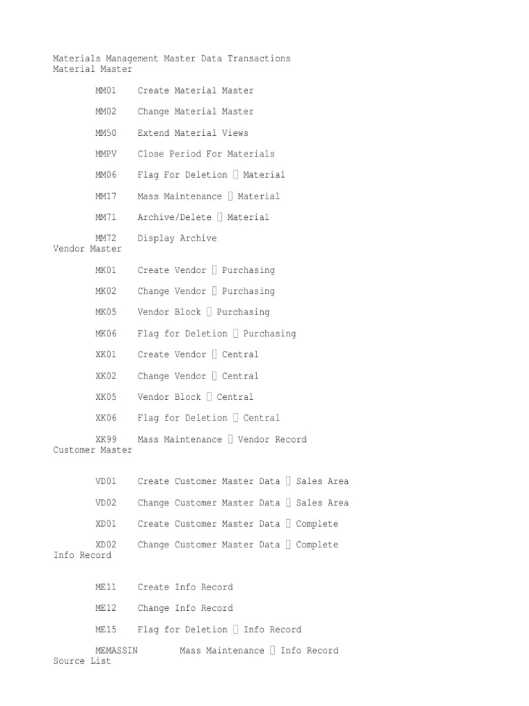 Sap MM Codes | PDF