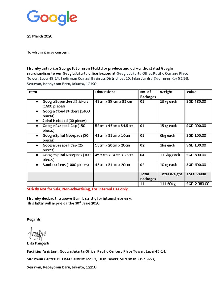 Customs Authorization Letter To Be Signed by Google JKT PDF | PDF