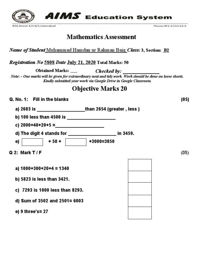 Assessment Class - 3 | PDF | Number Theory | Elementary Mathematics