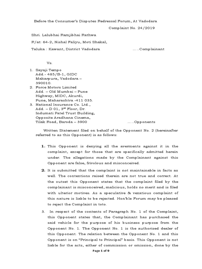 Written Statement Consumer Complaint OPP NO.2 | PDF | Plaintiff | Complaint