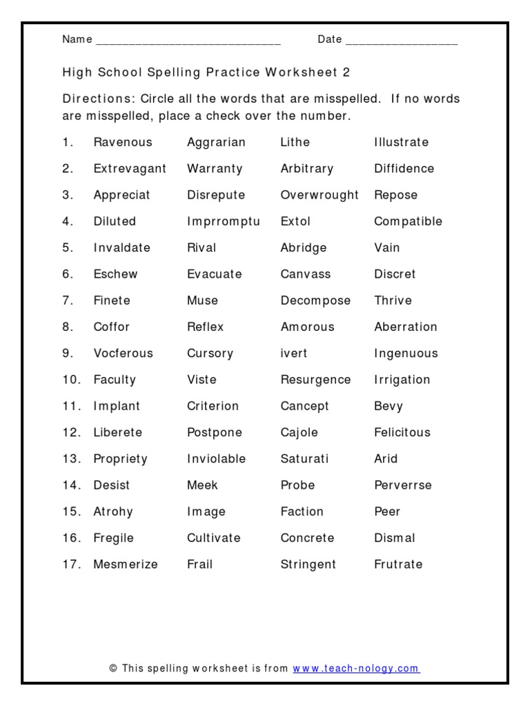 High School Spelling Practice Worksheet 2 Directions: Circle All The ...