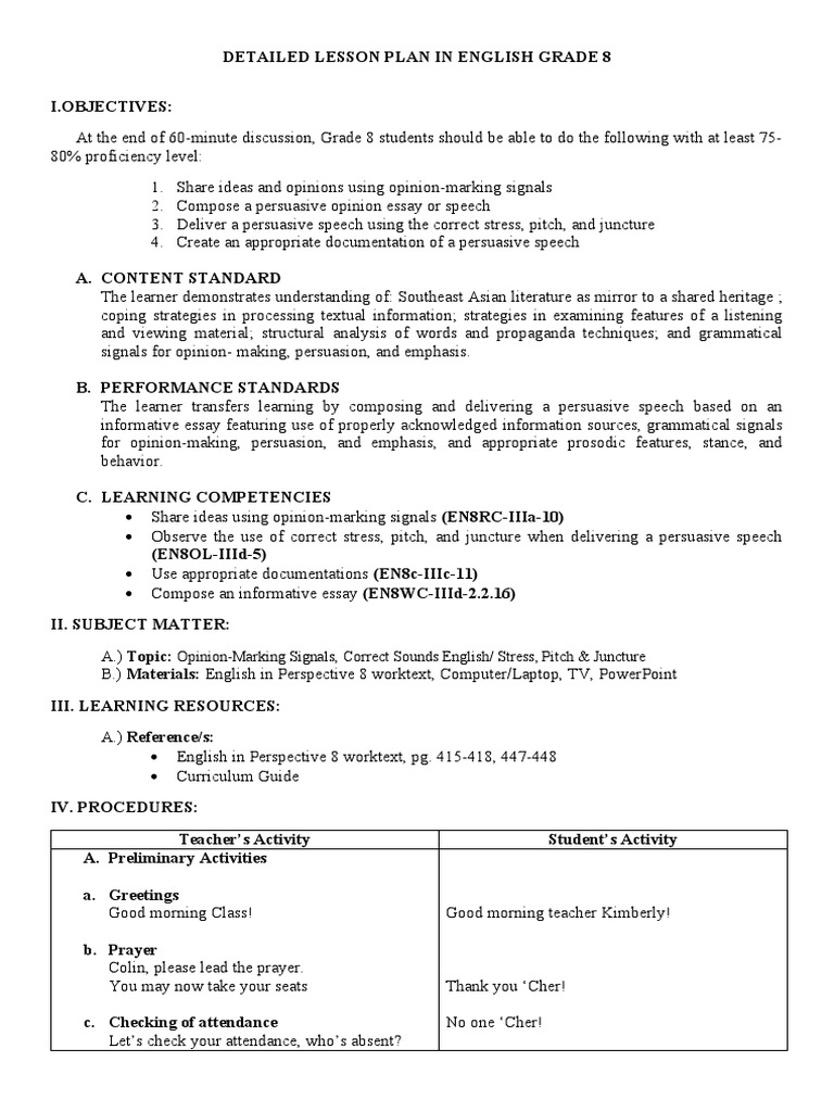 Grade 8 English Lesson Plan | PDF | Stress (Linguistics) | English Language