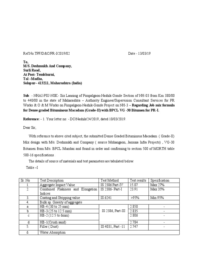Draft Letter Regarding Source Approval For Bituminous Mecadam grade-II ...