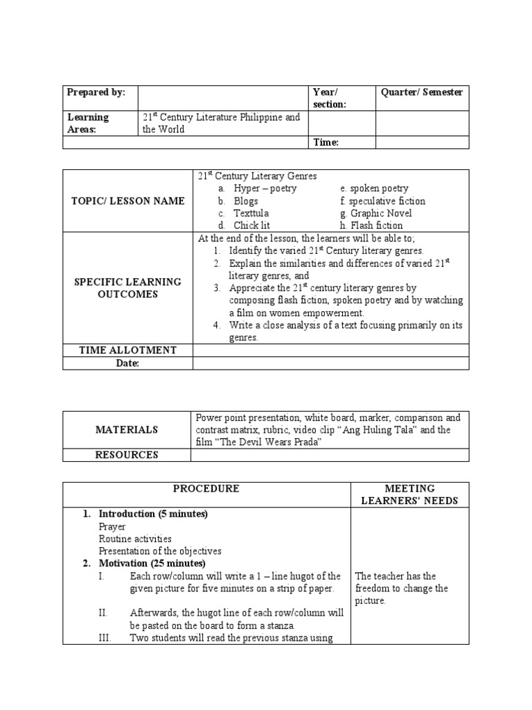 21st Century Literary Genres Lesson Plan | PDF | Poetry | Genre