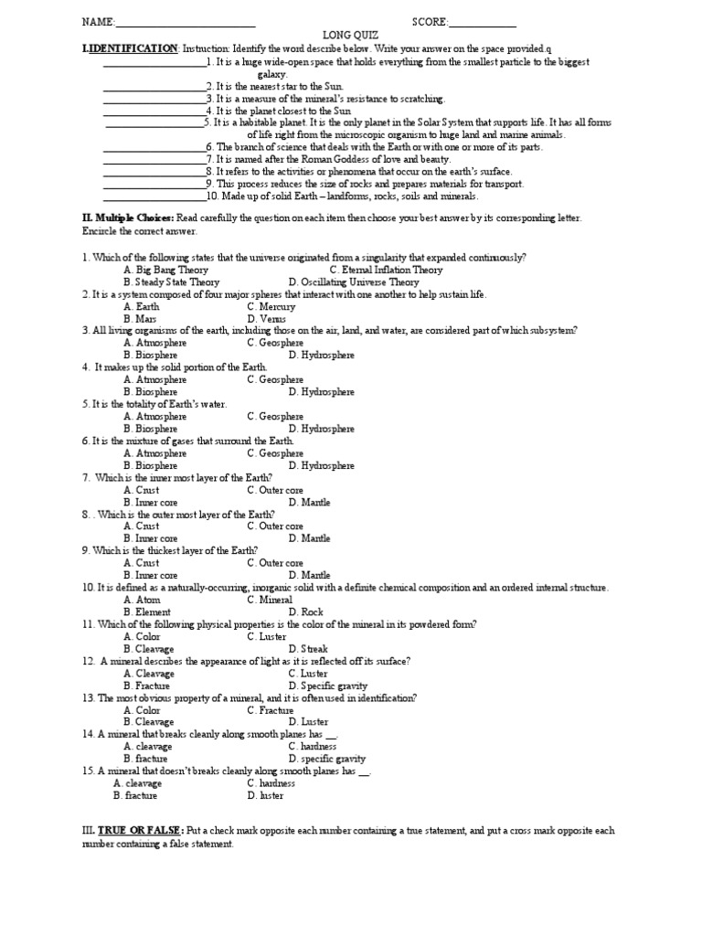 Long Quiz Earth and Life Science | PDF | Earth | Minerals