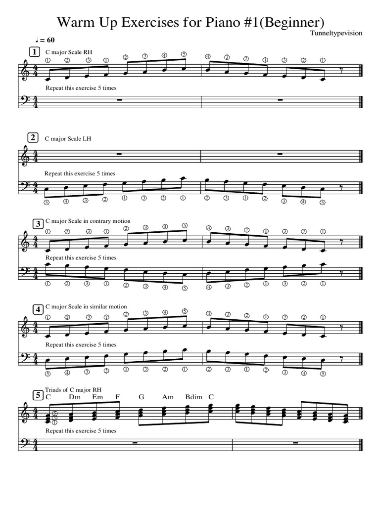 Warm Up Exercises For Piano #1 (Beginner) : Tunneltypevision 60 | PDF ...