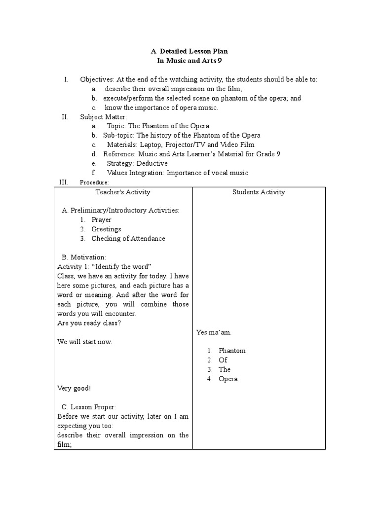 A Detailed Lesson Plan in Music and Arts 9: Procedure | PDF | Lesson ...