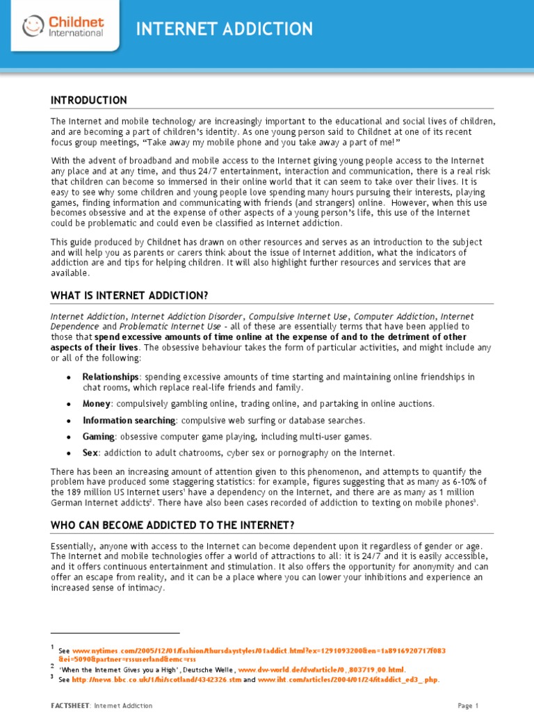Factsheet Addiction | PDF | Online And Offline | Internet