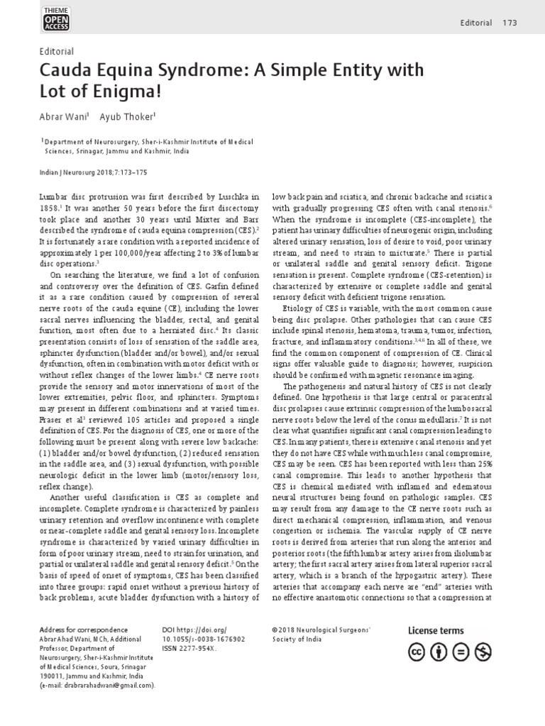 Cauda Equina Syndrome: A Simple Entity With Lot of Enigma!: Editorial ...