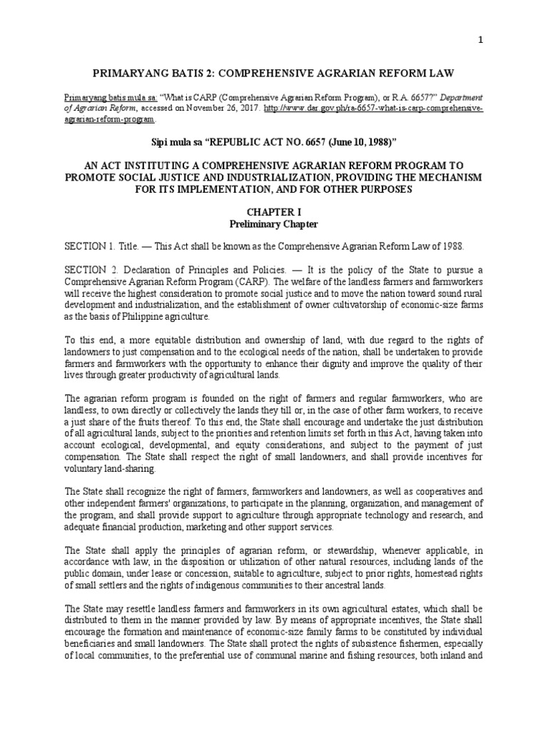 Primaryang Batis 2 - Republic Act No. 6657 - CARL (Administrasyong C ...