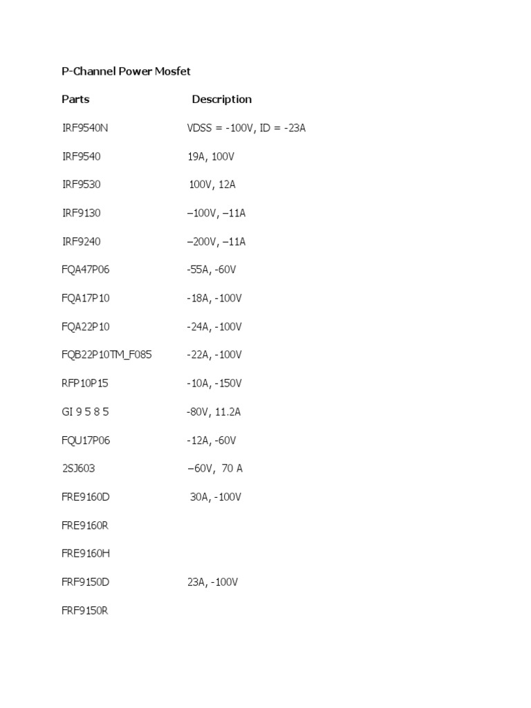 P-Channel MOSFET Specifications List | PDF