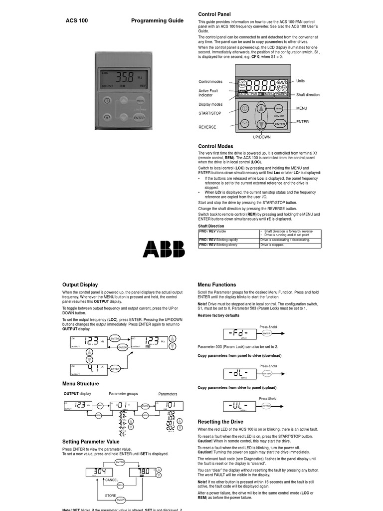 Programming Guide ACS 100: Control Panel | PDF | Alternating Current | Parameter (Computer ...