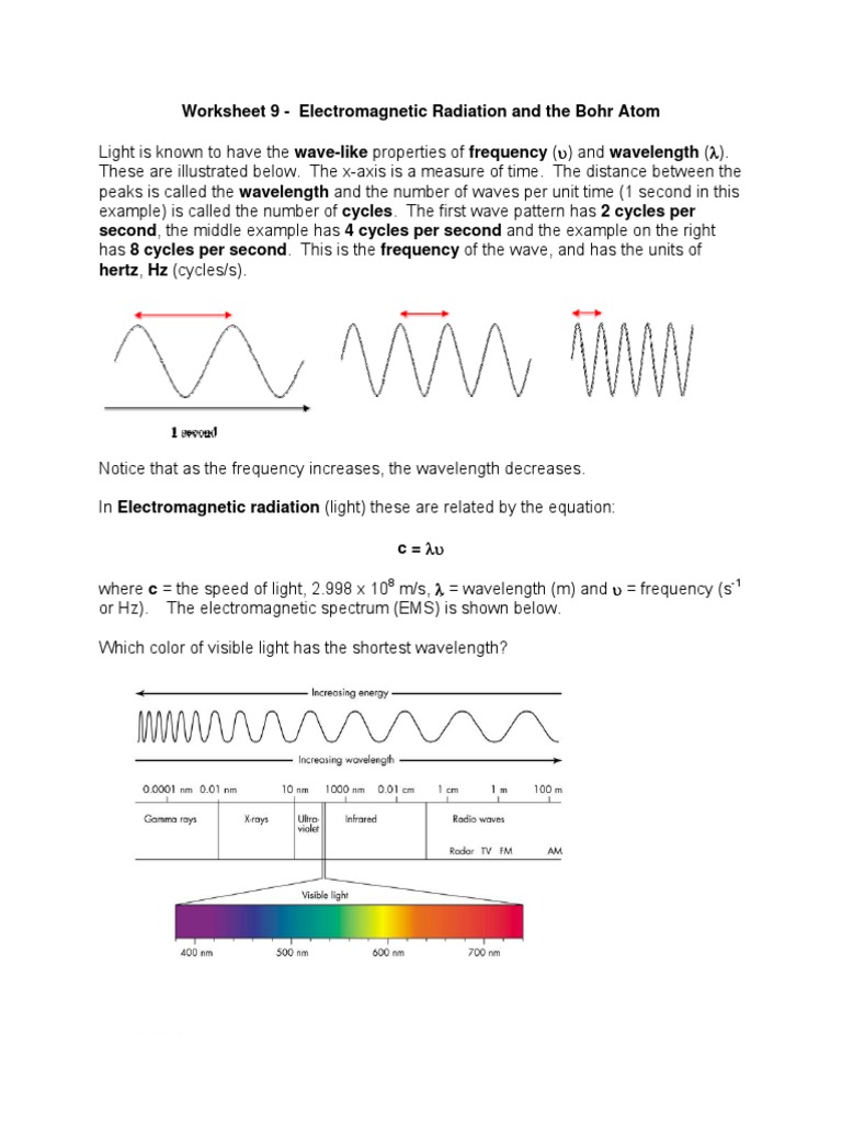 Electromagnetic Radiation & Bohr Atom Worksheet | PDF | Hertz ...