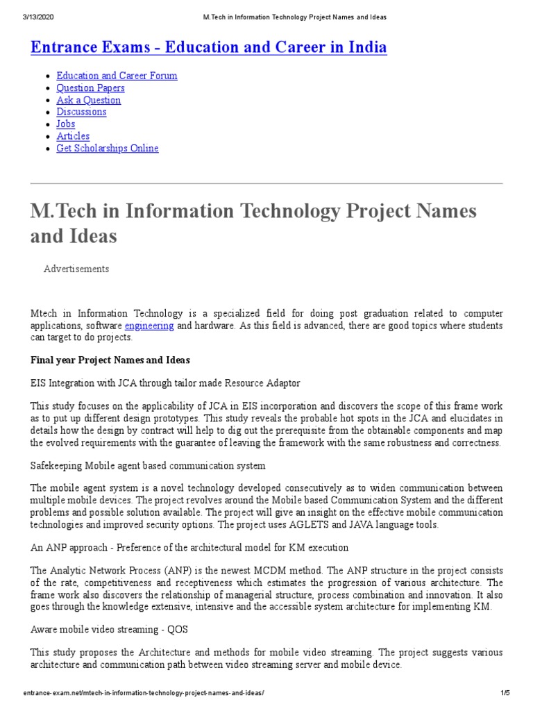 M.Tech in Information Technology Project Names and Ideas | PDF | Mobile ...