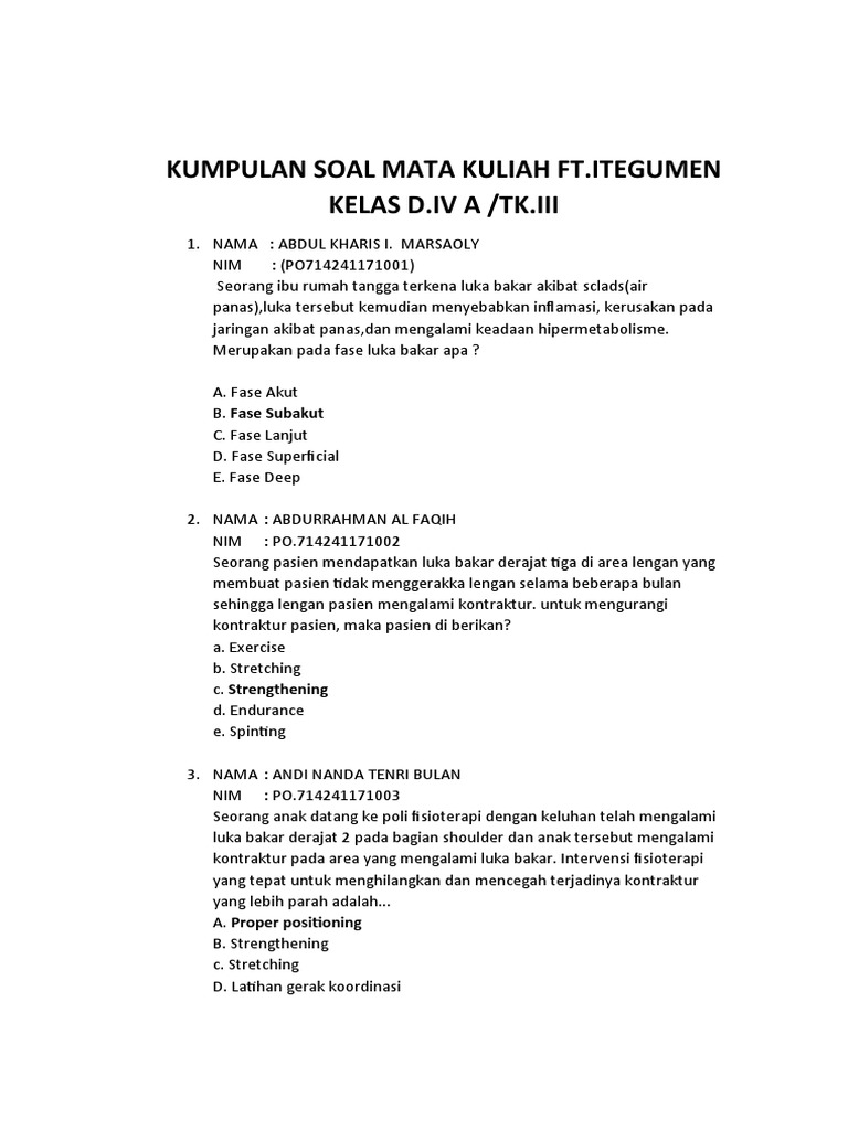 Kumpulan Soal Mata Kuliah FT Integumen | PDF