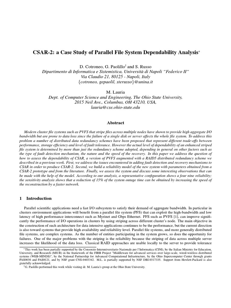 CSAR-2: A Case Study of Parallel File System Dependability Analysis | PDF | Computer Cluster ...
