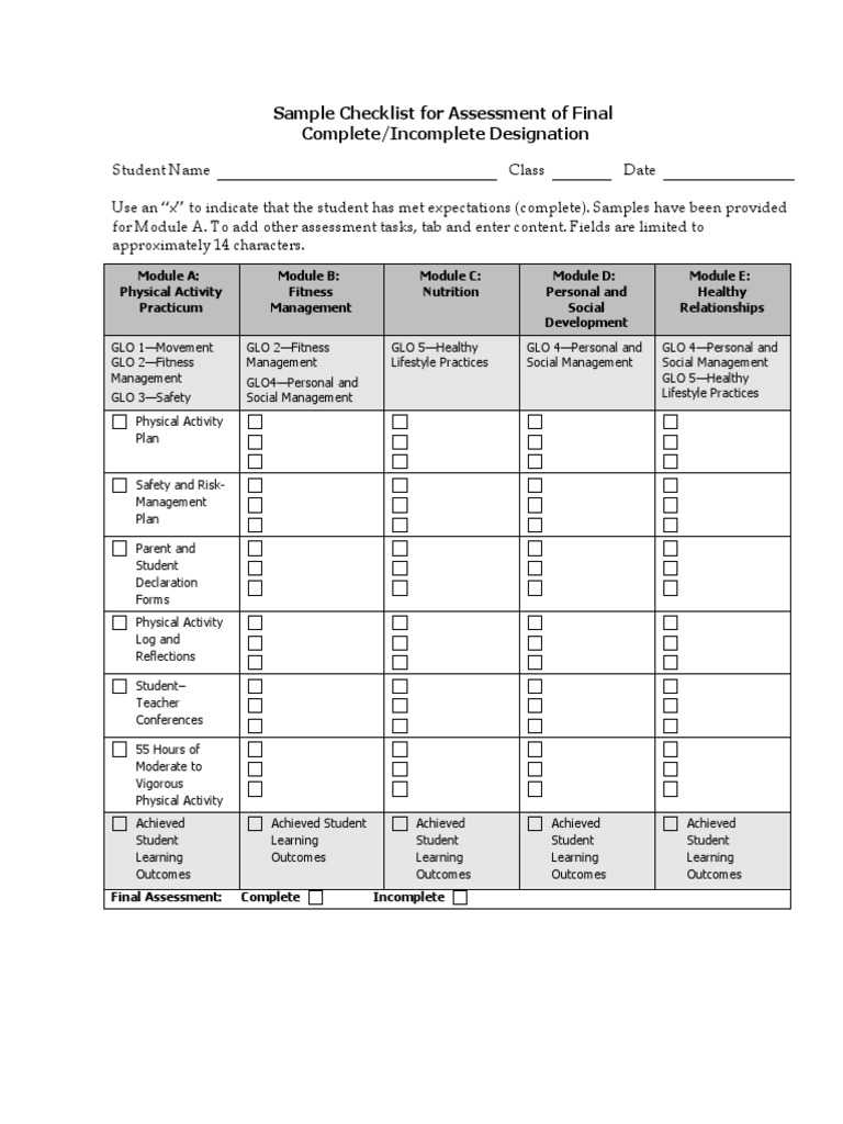 Sample Checklist For Assessment of Final Complete/Incomplete ...