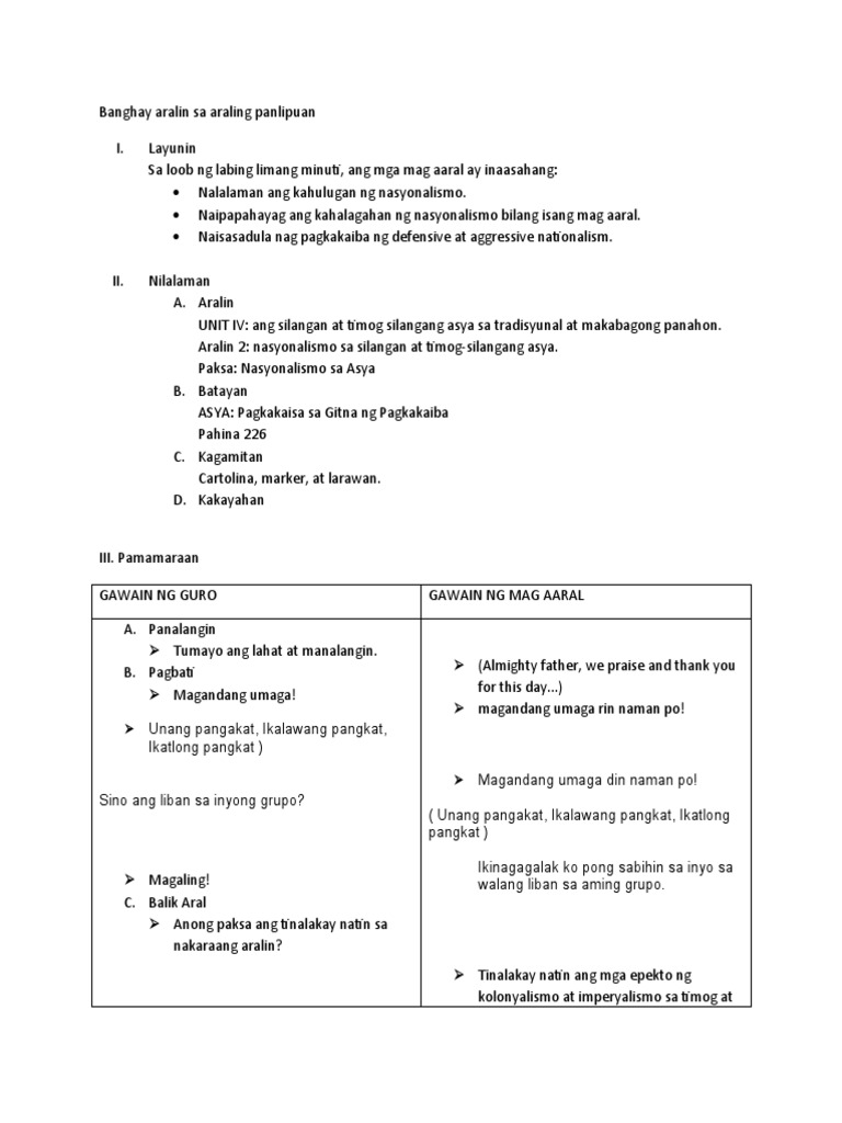 Banghay Aralin Sa Araling Panlipuan | PDF