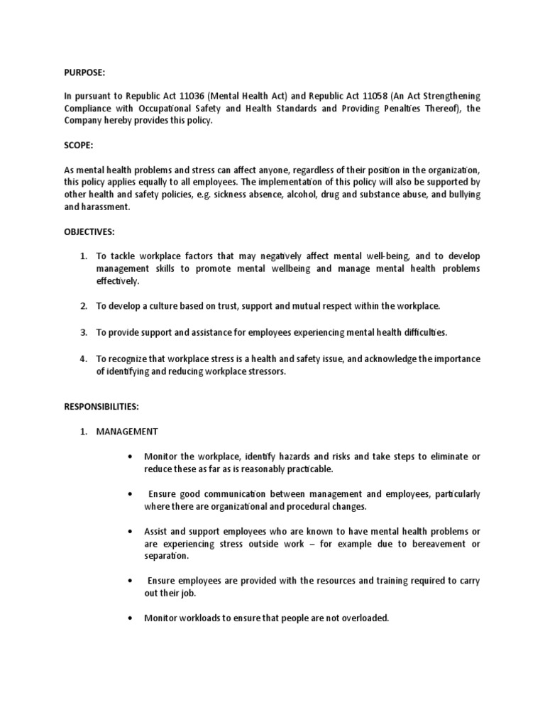 Policy On Mental Health | PDF | Occupational Stress | Occupational ...