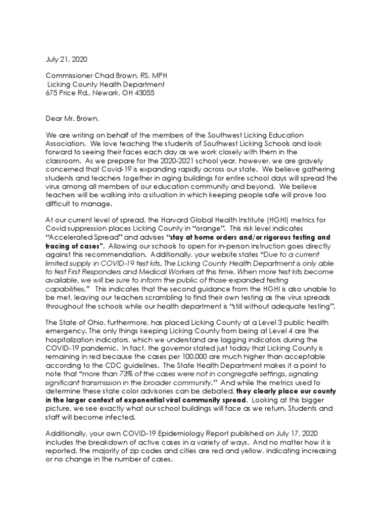 Licking Co Letter | PDF | Public Health | Epidemiology