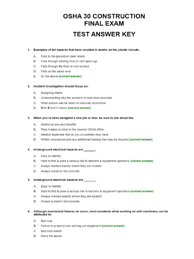 OSHA 30 Construction Final Test Answer Key Online Test | PDF