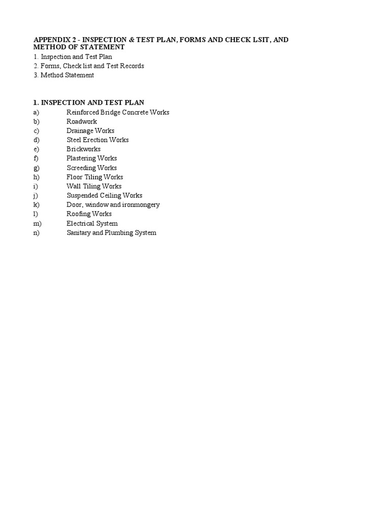 Appendix 2 - Inspection & Test Plan, Forms and Check Lsit, and Method ...