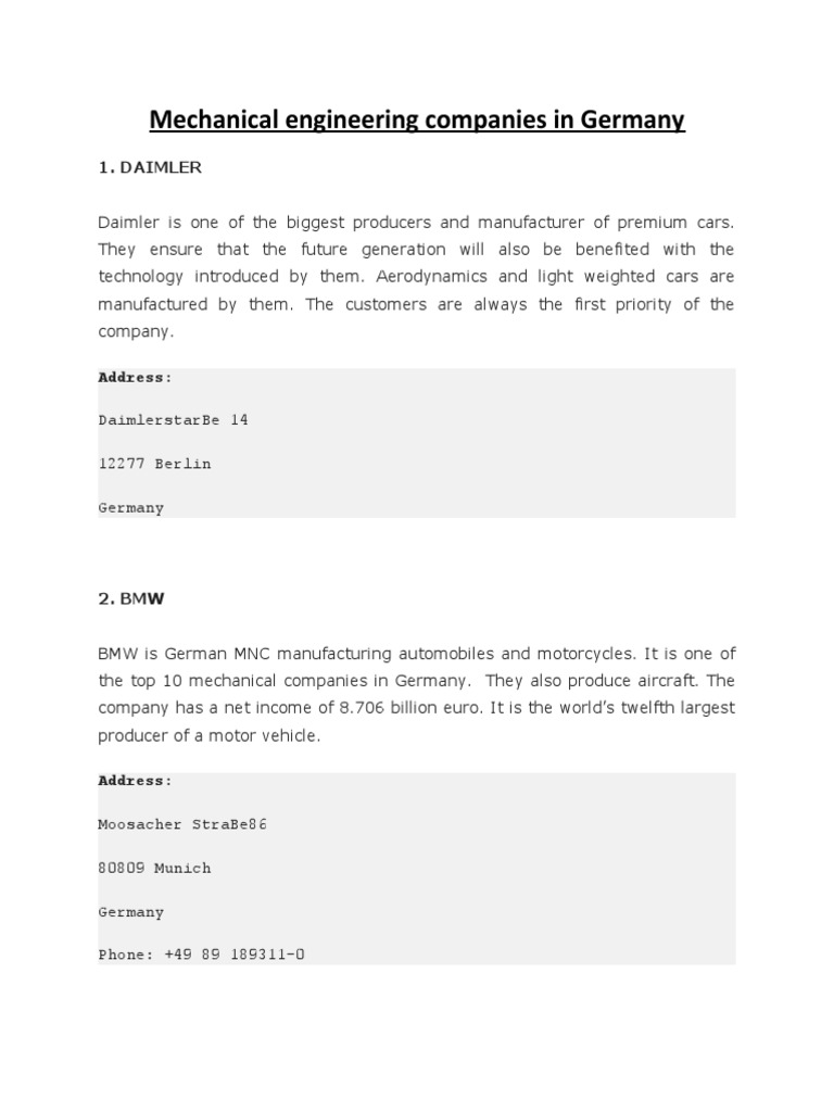 Mechanical Engineering Companies in Germany | PDF | Audi | Volkswagen Group