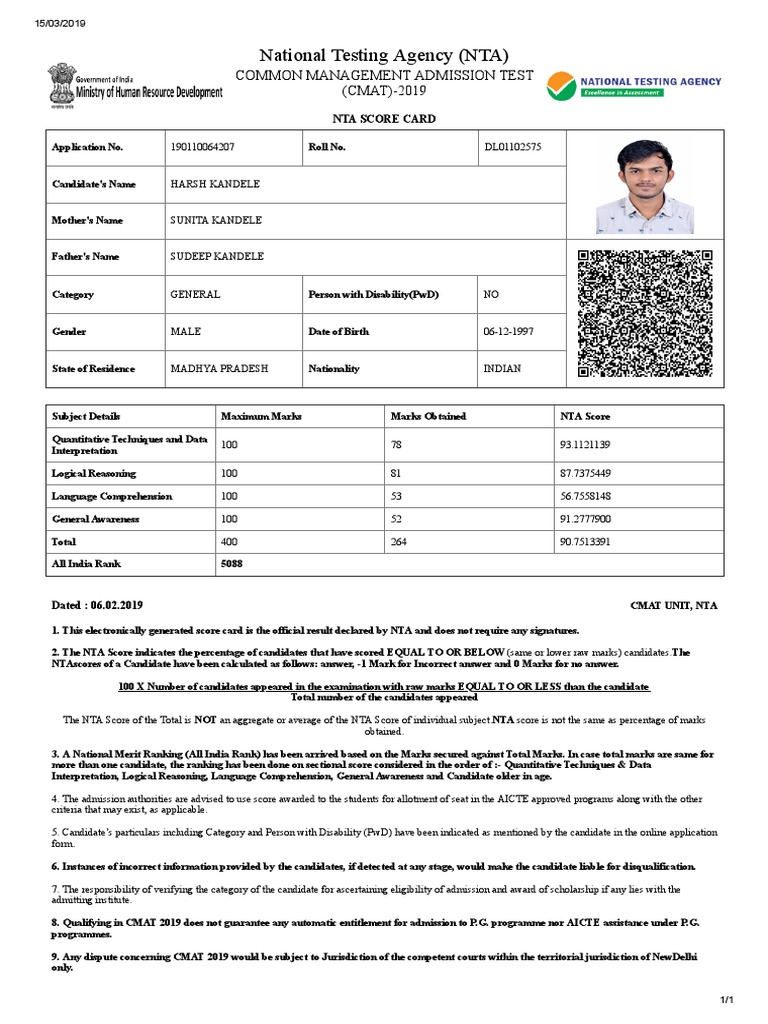 Analysis of a CMAT Scorecard: Insights into a Test Taker's Performance ...