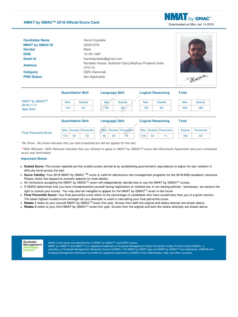 Nmat by Gmac 2018 Official Score Card: Candidate Name Nmat by Gmac Id ...