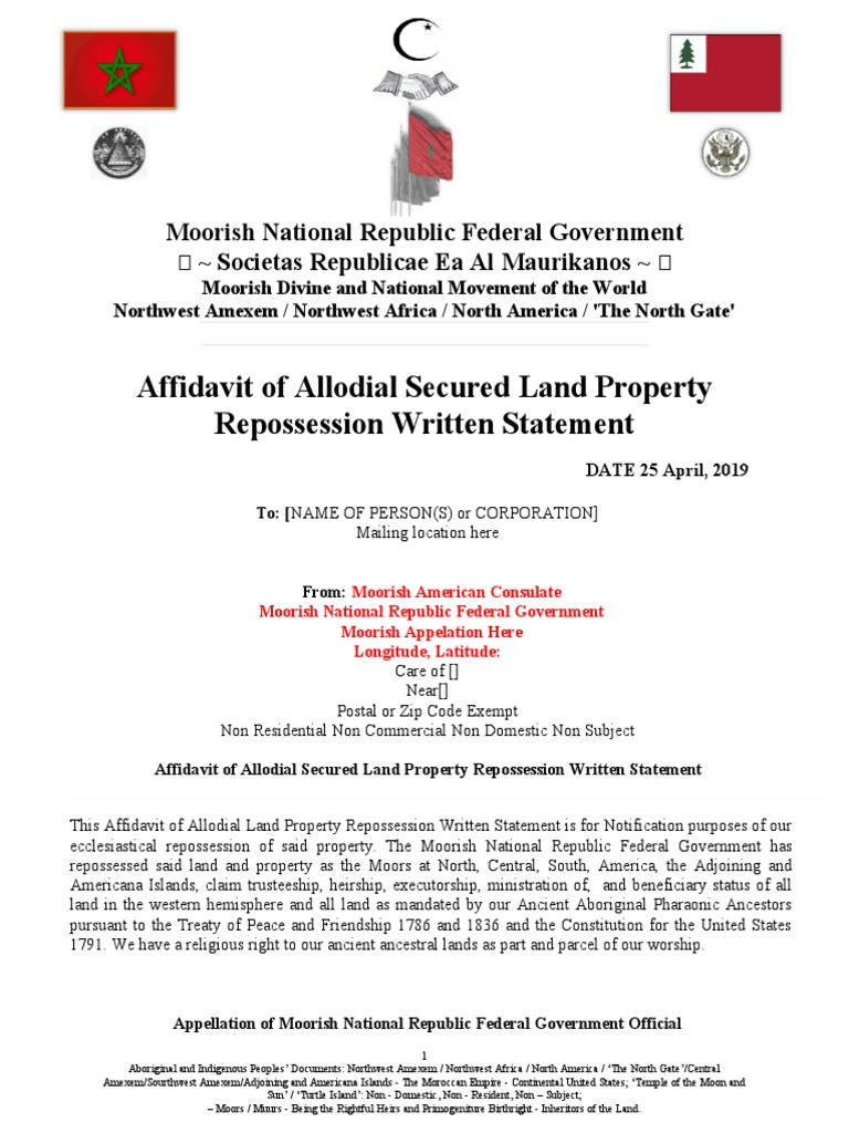 Moorish Land Repossession Affidavit | PDF | The United States | Trust Law